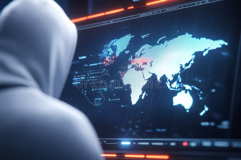 Hooded Figure Analyzing Digital World Map on High-tech Screen in Dark ...