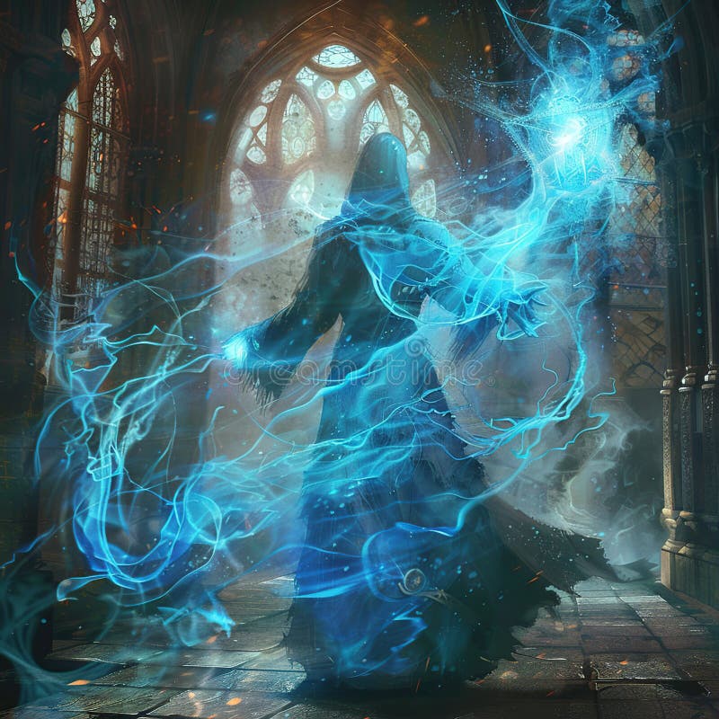Hooded Figure Casting Blue Magic in Gothic Hall Stock Photo - Image of ...