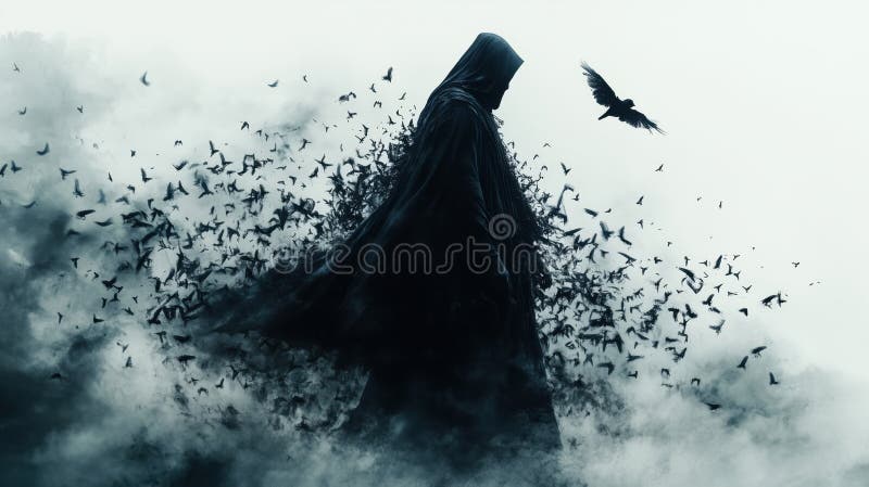 Hooded Figure with Cloak Dissolving into Birds, One Raven Flying. Stock ...