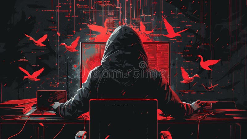 Hooded Figure at Computer Surrounded by Red Code and Flying Birds ...