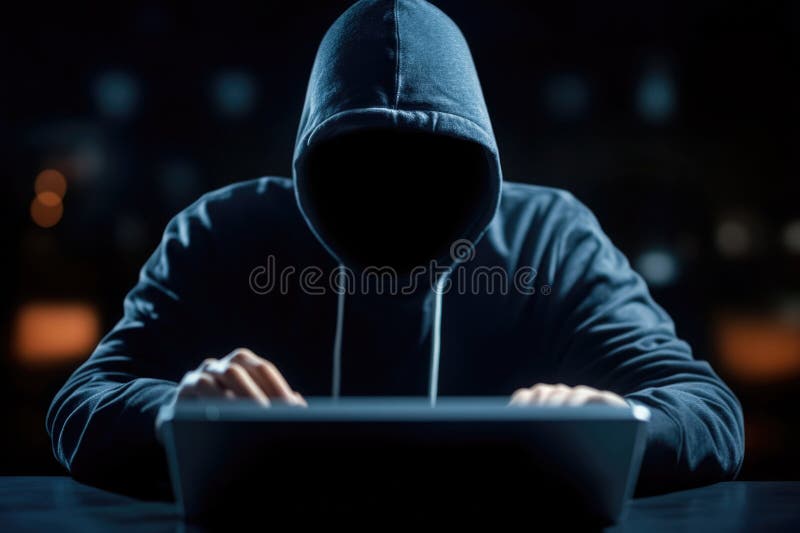 Hooded Figure in Dark Room Using Laptop Stock Photo - Image of ...