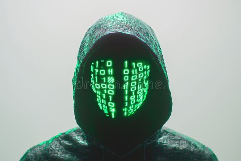 Hooded Figure with Digital Binary Code Face on Futuristic White ...