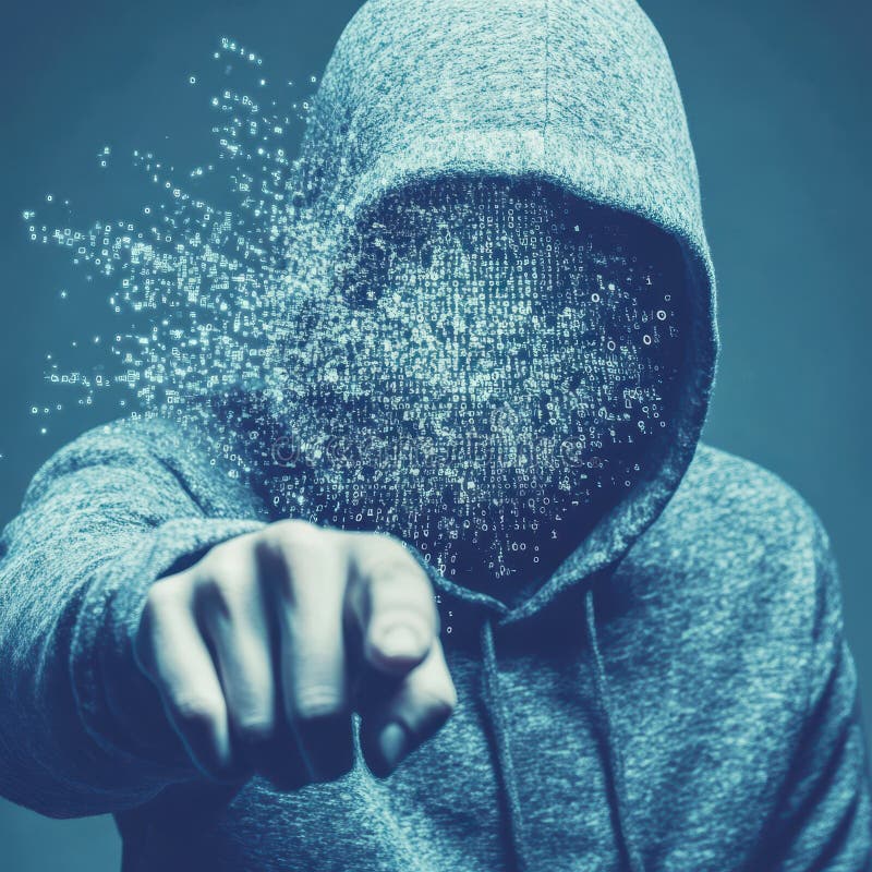 Hooded Figure with Dissolving Digital Face Pointing Forward Stock Photo ...