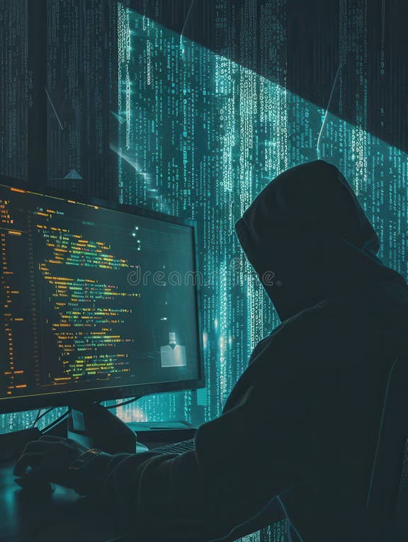 A Hooded Figure Focused on Coding at a Computer, Illuminated by ...