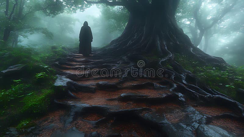 Hooded Figure, Forest Path, Ancient Tree, Misty Woods, Fantasy Stock ...
