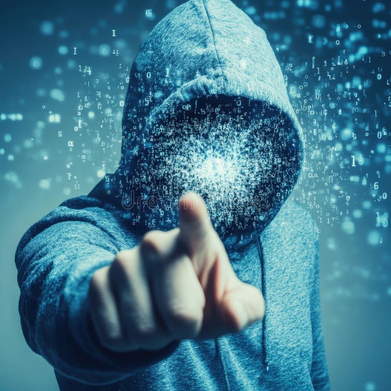 Mysterious Hooded Figure with Digital Face in Cyber World Stock Image ...