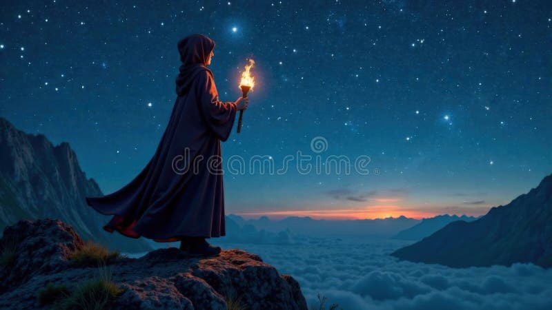 Hooded Figure Holding Torch on Mountain at Night Under Starry Sky Stock ...