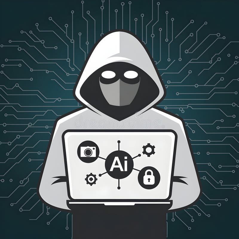 Hooded Figure Holds Laptop Displaying AI Icons, Dark Background ...