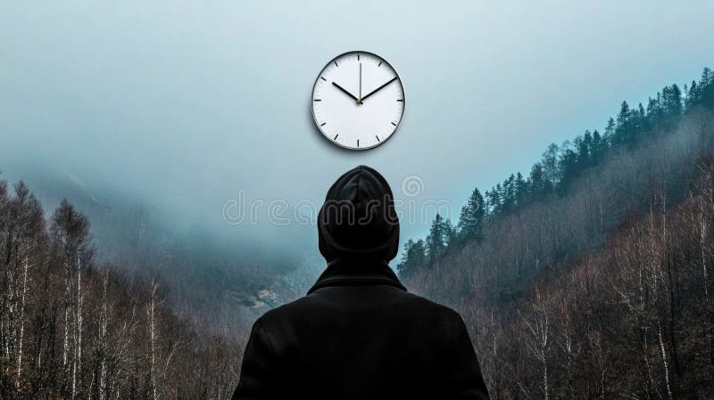 Hooded Figure in Nature Staring at Clock in Cloudy Mountain Landscape ...