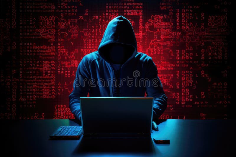 A Hooded Figure Sits in a Dark Room, Engrossed in Laptop Work ...