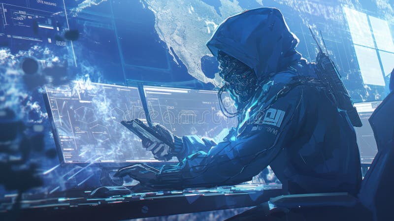 A Hooded Figure Sits in Front of Computer Screens, Working on a Mission ...