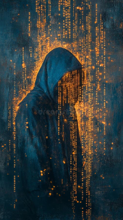 Hooded Figure Surrounded by Glowing Binary Data Stock Photo - Image of ...
