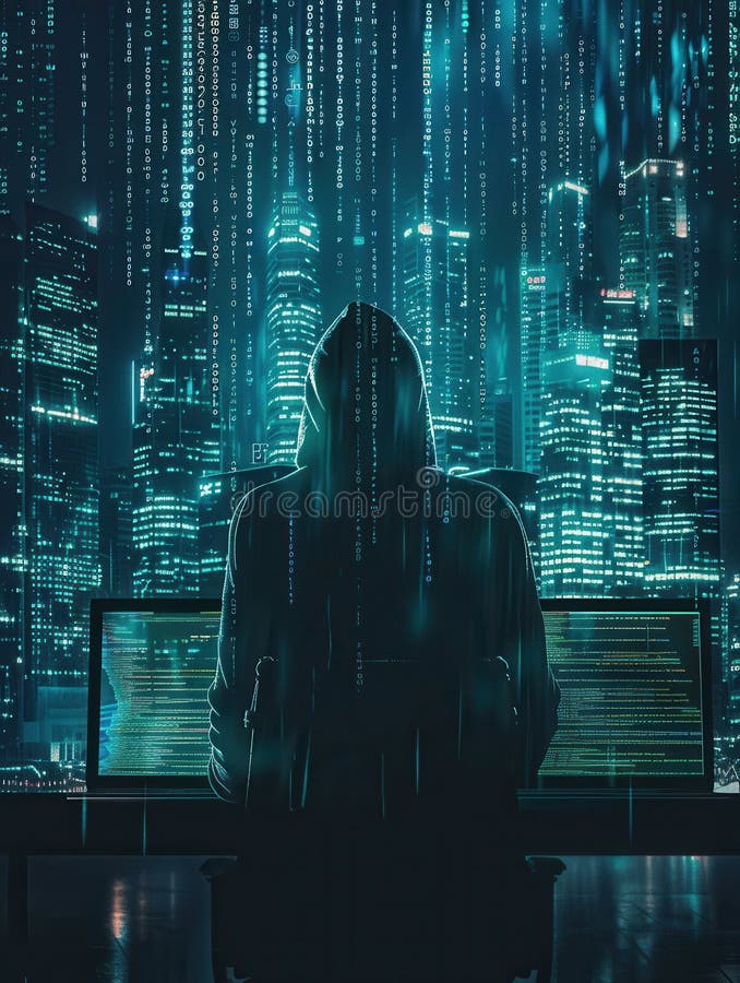 A Hooded Figure Types on a Computer while Illuminated by Green Code ...