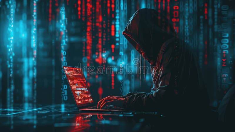 Hooded Figure Typing on a Laptop, Bathed in the Glow of Red and Blue ...