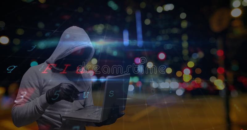 Hooded Figure Using Laptop at Night, Digital Interface Overlay with ...