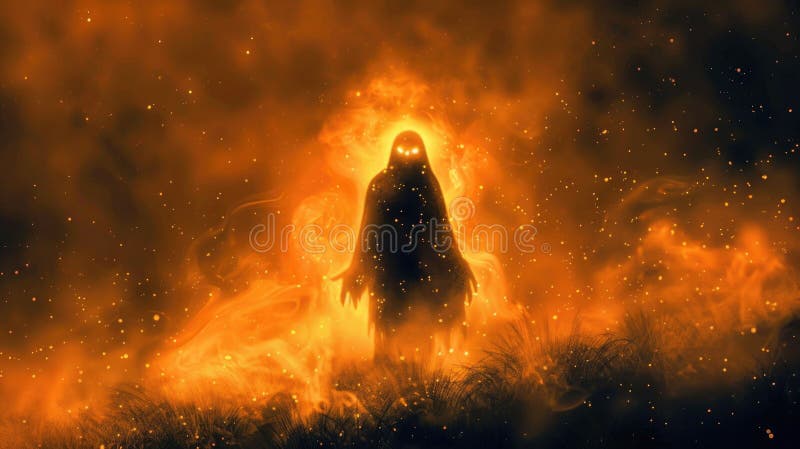 Hooded Figure Walking through a Glowing Orange Fog Stock Illustration ...