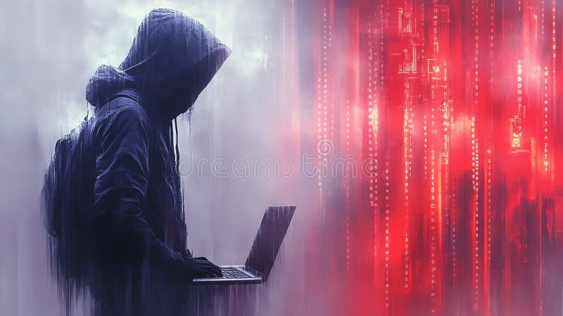 A Hooded Figure Works on a Laptop Amidst a Digital Backdrop of Abstract ...