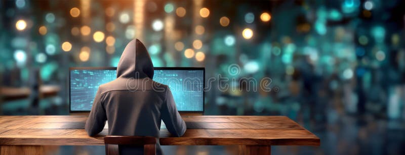 A Hooded Figure Works at Multiple Computer Screens, Symbolizing the ...
