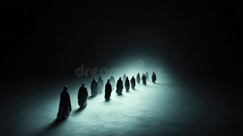 Hooded Figures Walking in a Mysterious Dimly Lit Path Stock Image ...