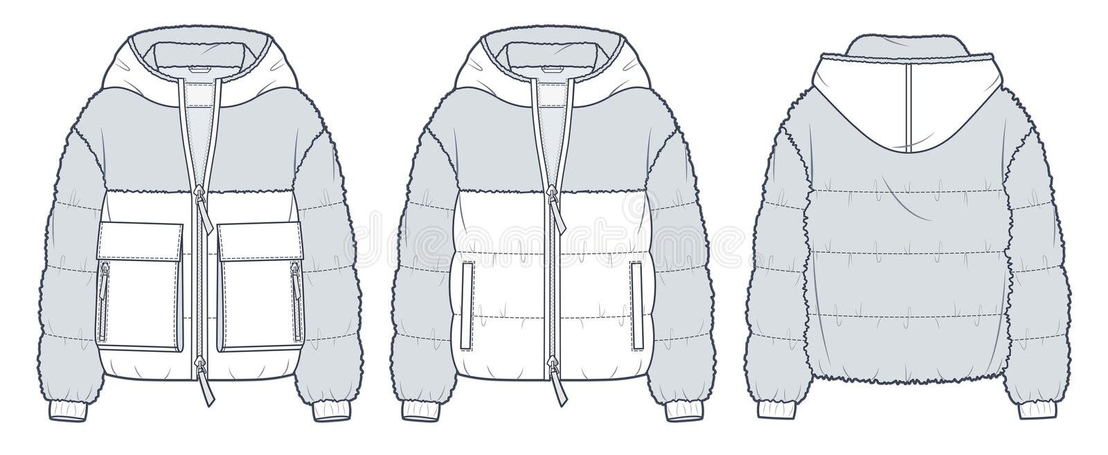 Unisex Hooded Zip Up Puffer Jacket Technical Fashion Illustration