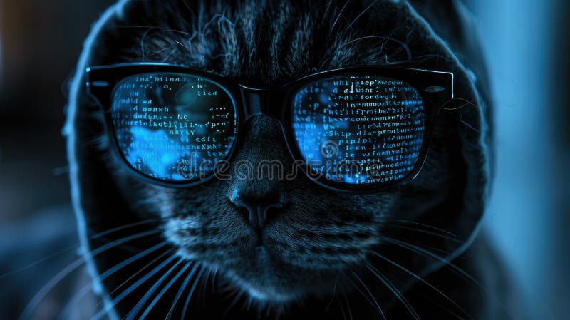 Hooded Hacker Cat Works at Computer in Dark Room, Cyber Data Reflected ...