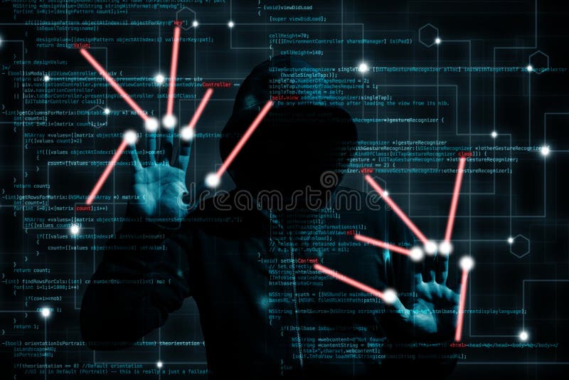Hooded Hacker Changes Computer Program on a Touchscreen with Two Stock ...