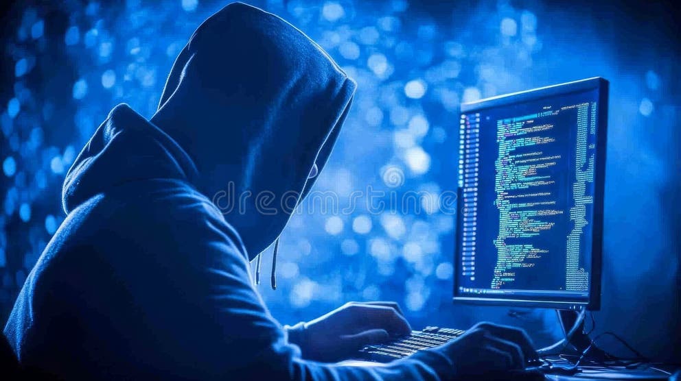 Hooded Hacker Coding at Computer in Dark, Cybercrime Concept Stock ...