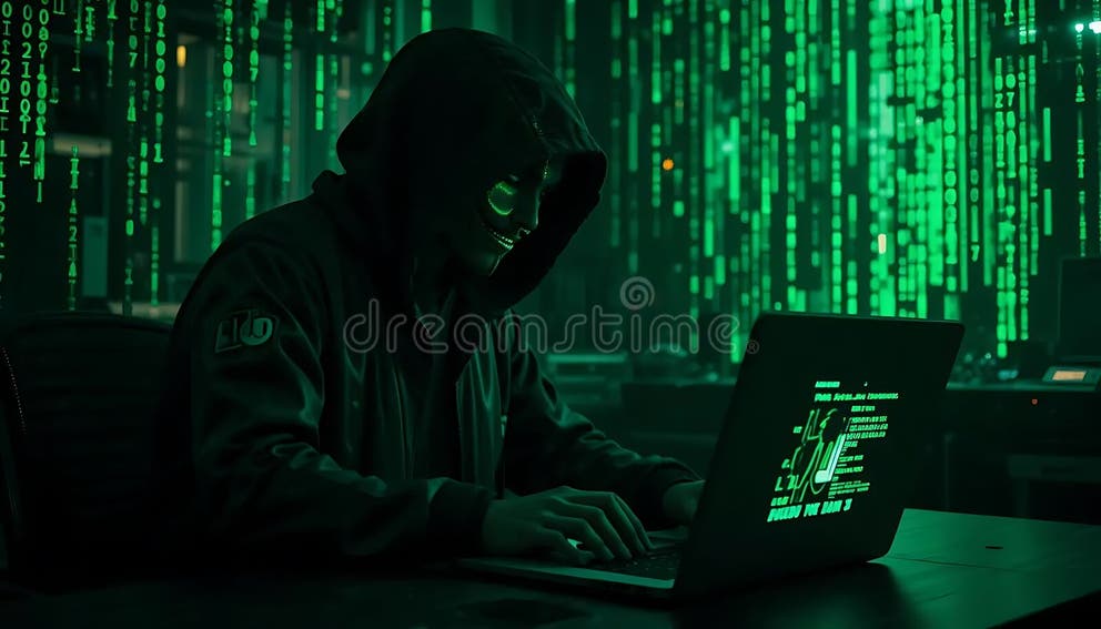 Hooded Hacker, Dark Room, Green Matrix Code, Computer Screen Stock ...