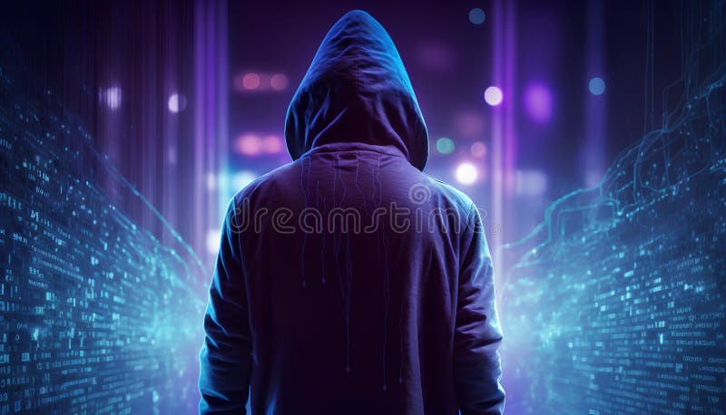 Hooded Hacker In Front Of A Binary Code Background 3d Rendering Stock Illustration