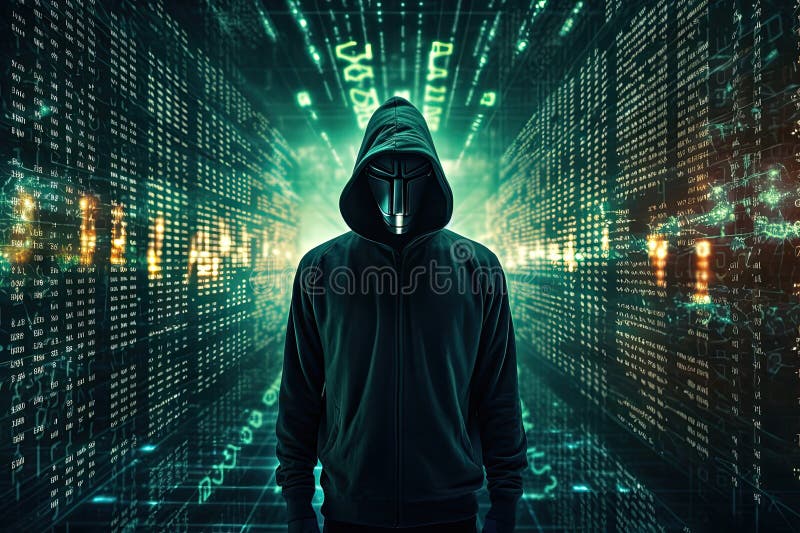 Hooded Hacker in Front of Binary Code Background. Hacking Concept, Anonymous Hacker, Surrounded ...