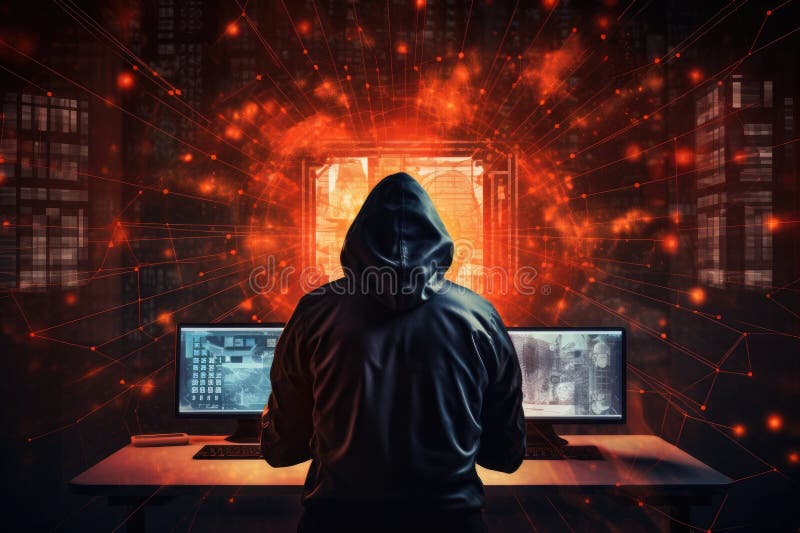 Hooded Hacker In Front Of Technology Background With Binary Code 0011