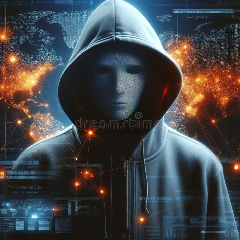 Hooded Hacker with Global Network Background Stock Photo - Image of ...