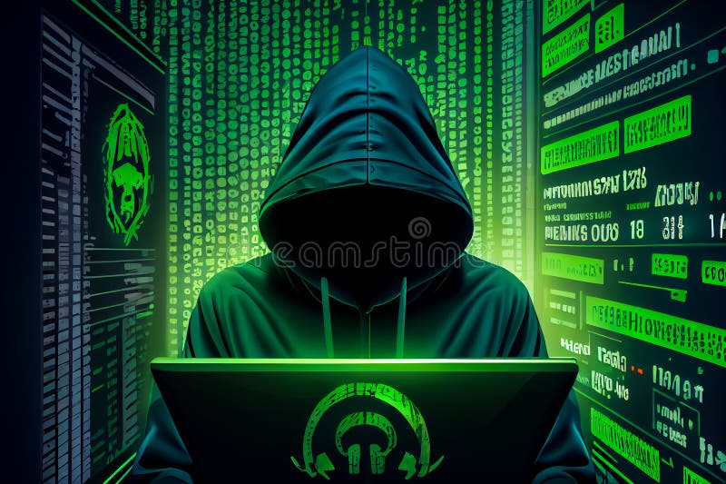Hooded Hacker on Green Code Background. Generative AI Stock Illustration - Illustration of ...