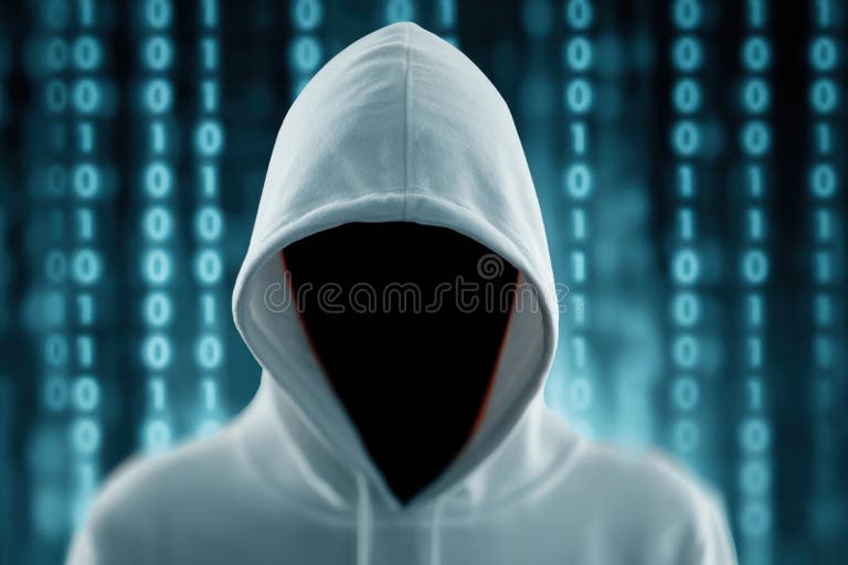 Hooded Hacker Hiding Face with Binary Code in Background Stock Photo ...