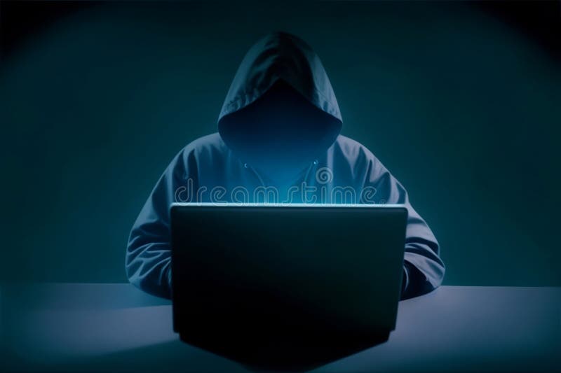 Hooded Hacker with a Laptop on the Background of Binary Code Stock ...