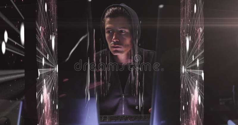 Hooded Hacker Manipulates Digital Connections on Multiple Screens ...