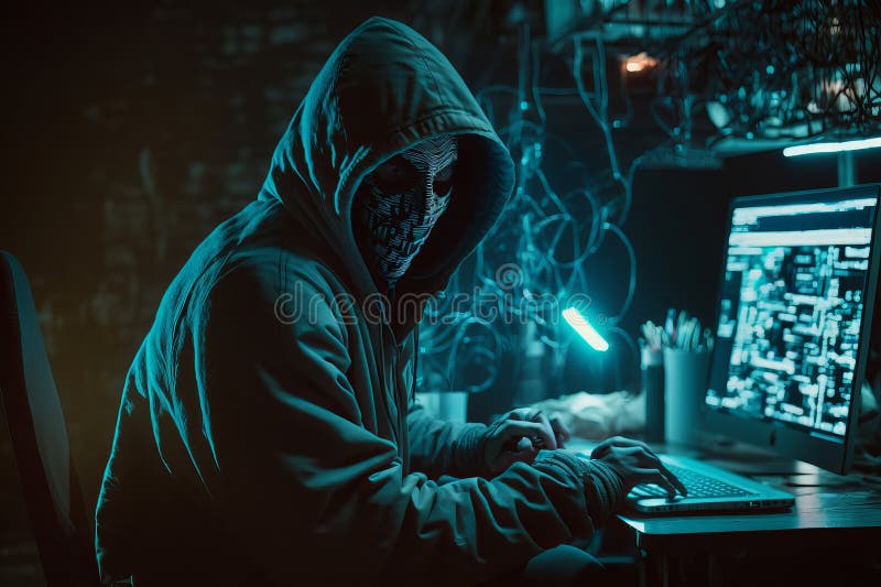 Hooded Hacker with Mask Using Laptop Break or Attack into Data Server ... Hooded Hacker with Mask Using Laptop Break or Attack into Data Server ...