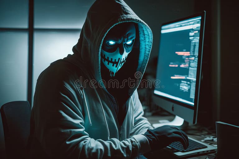Hooded Hacker with Mask Using Laptop Break or Attack into Data Server ...
