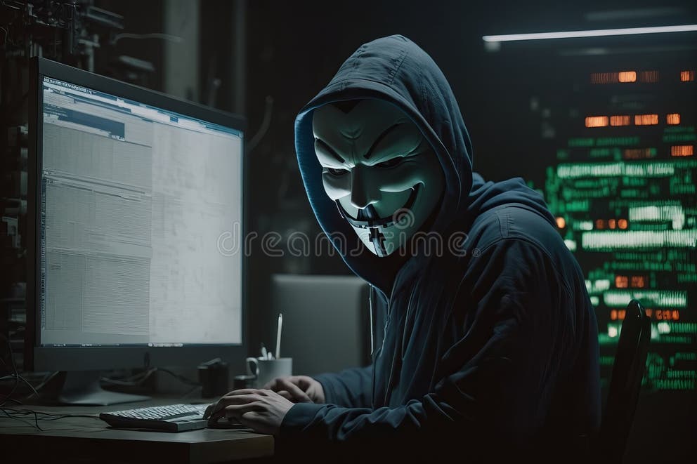 Hooded Hacker With Mask Using Laptop Break Or Attack Into Data Server Hacking Coding Or