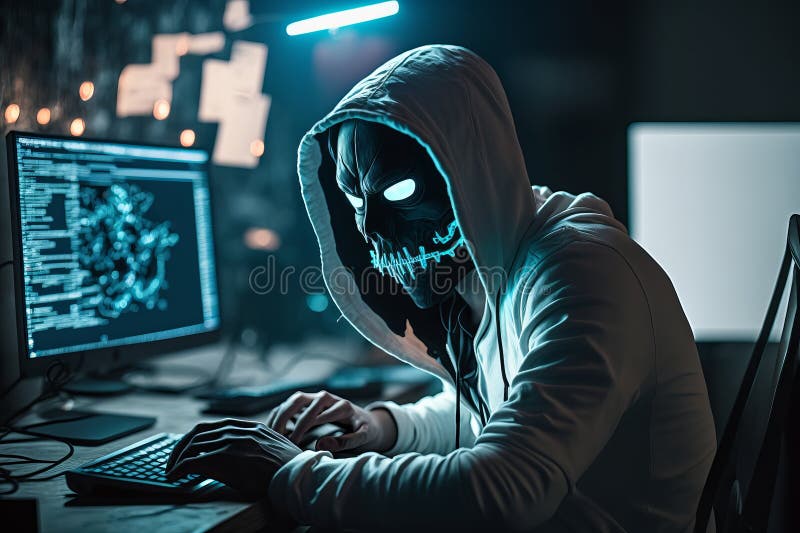 Hooded Hacker With Mask Using Laptop Break Or Attack Into Data Server