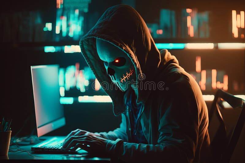 Hooded Hacker With Mask Using Laptop Break Or Attack Into Data Server Hacking Coding Or