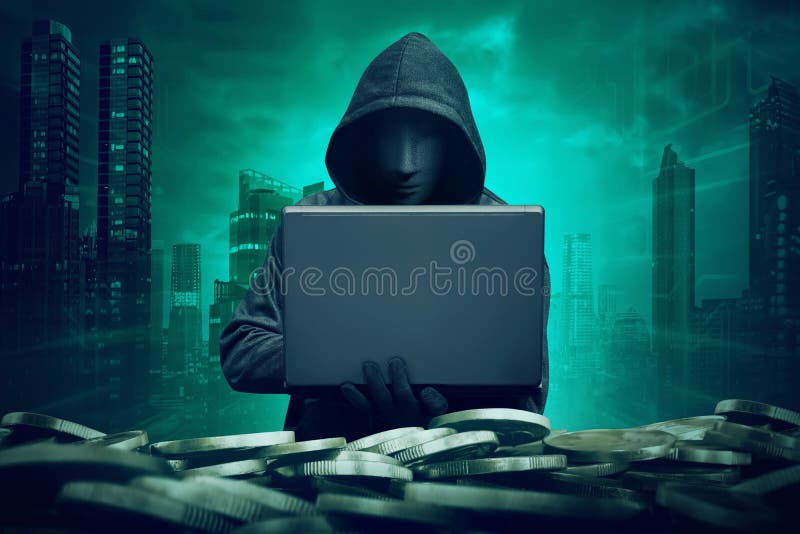 Hooded Hacker with Mask Using Laptop To Hacking Bank Stock Image ...