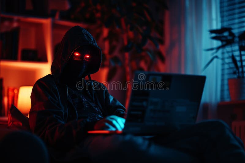 Hooded Hacker with Red Eye Using Computer in Dark Room. Cybercrime ... Hooded Hacker with Red Eye Using Computer in Dark Room. Cybercrime ...