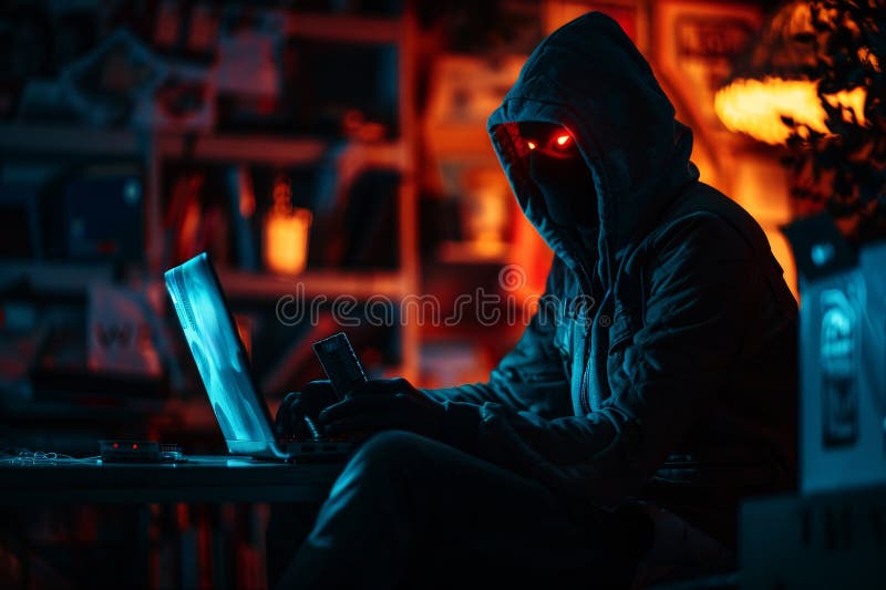 Hooded Hacker with Red Eye Using Computer in Dark Room. Cybercrime ... Hooded Hacker with Red Eye Using Computer in Dark Room. Cybercrime ...