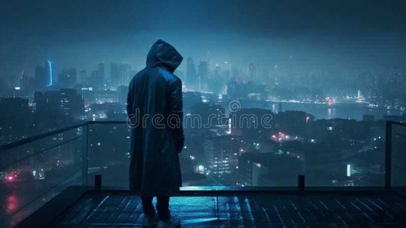 Hooded Hacker Standing on Illuminated City Background. Hacking Concept ...