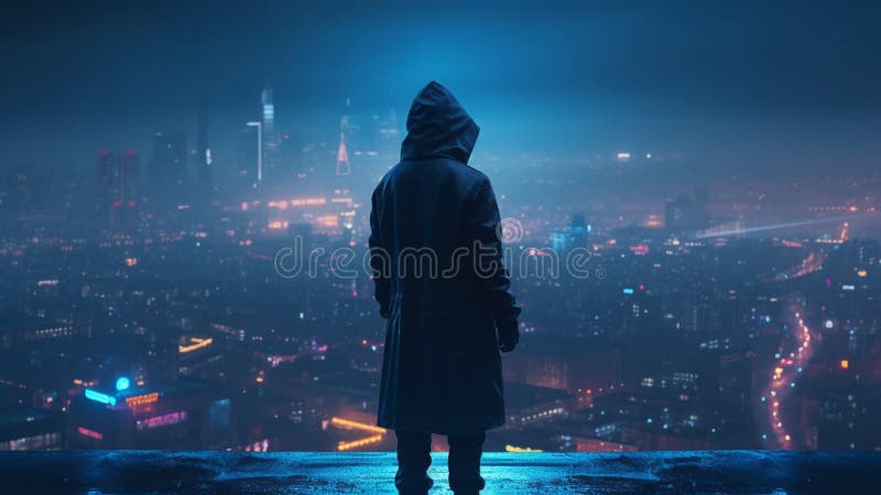 Hooded Hacker Standing on Illuminated City Background. Hacking Concept ...