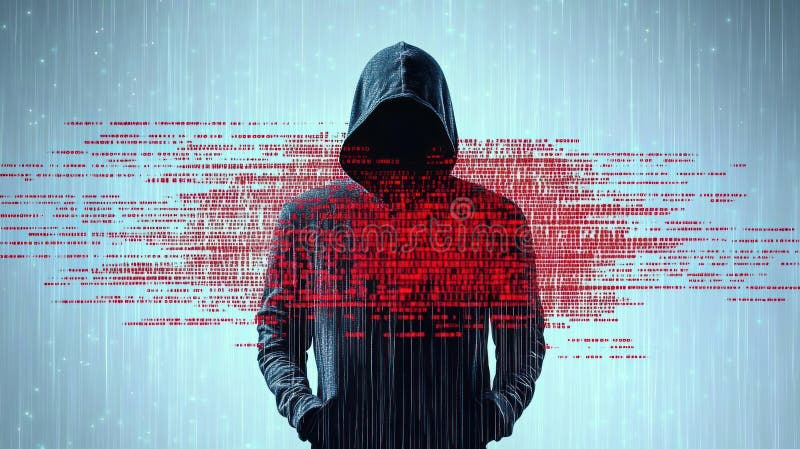 Hooded Hacker Standing in Streaming Digital Code, Cybersecurity Concept ...