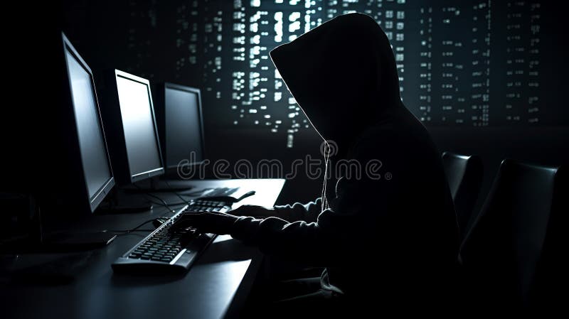 Hooded Hacker Stealing Data From A Computer Dark Background Stock Illustration Illustration