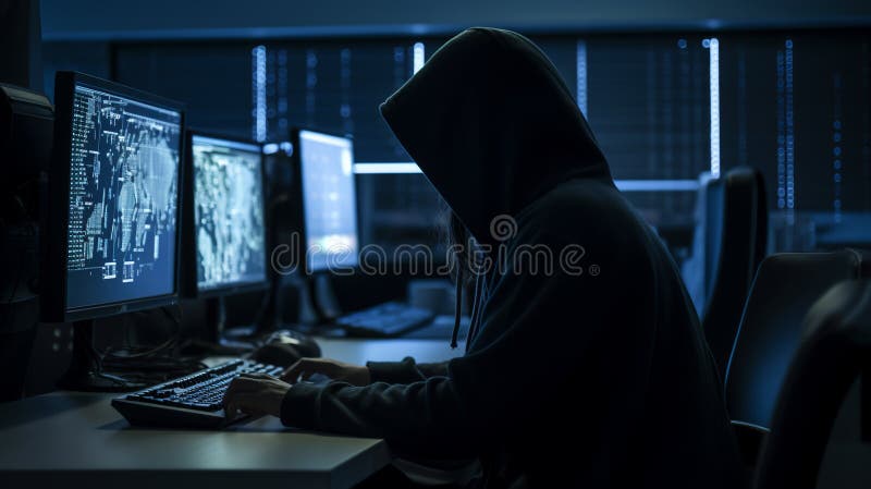 Hooded Hacker Stealing Data from a Computer. Dark Background Stock ...