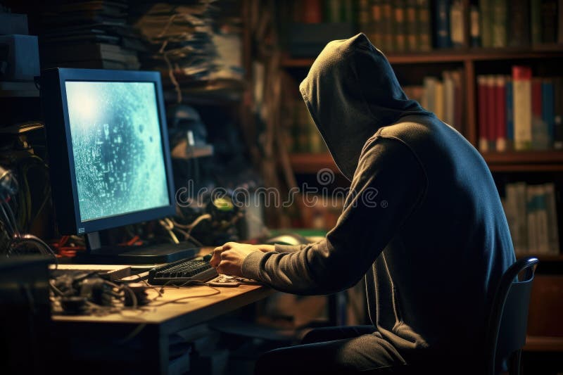 Hooded Hacker Stealing Information from a Computer in a Dark Room, a ...